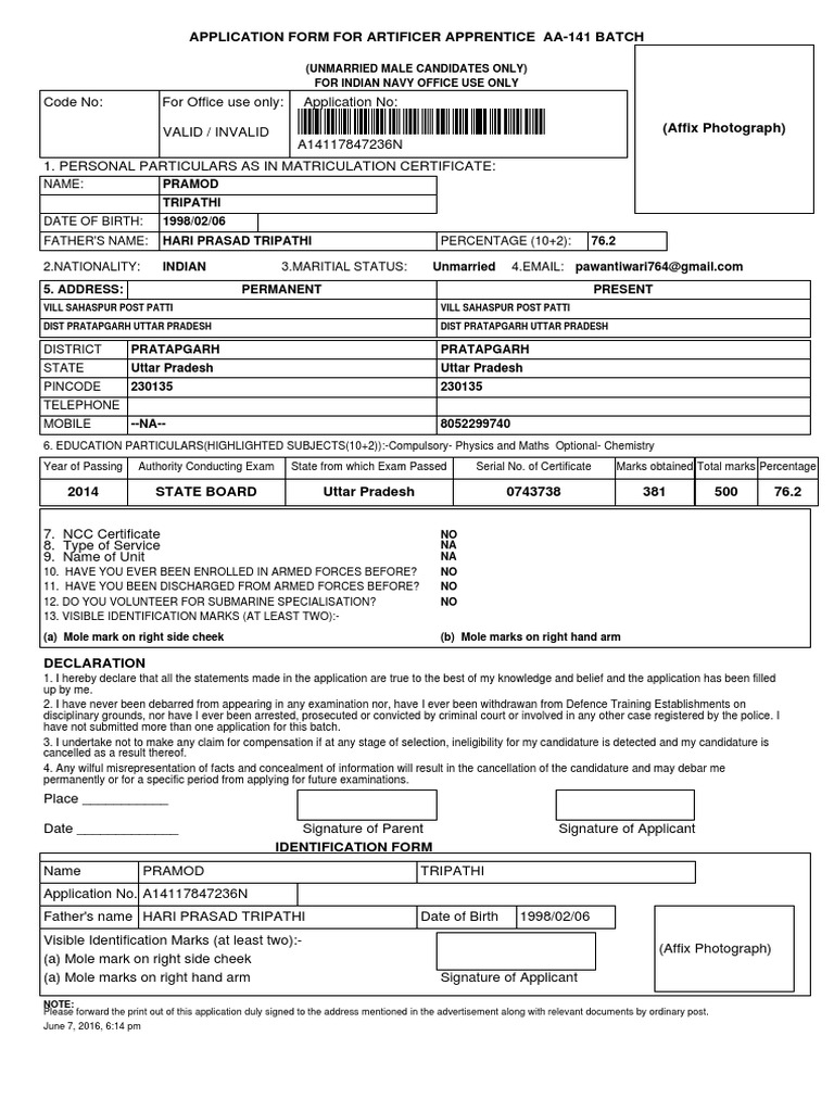 Application Form For Artificer Apprentice Aa-141 Batch: Name | PDF ...