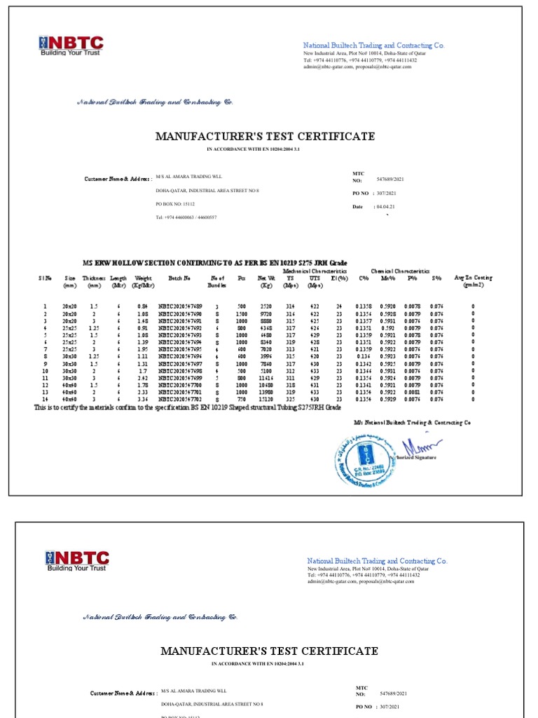 Manufacturer'S Test Certificate: National Builtech Trading and ...