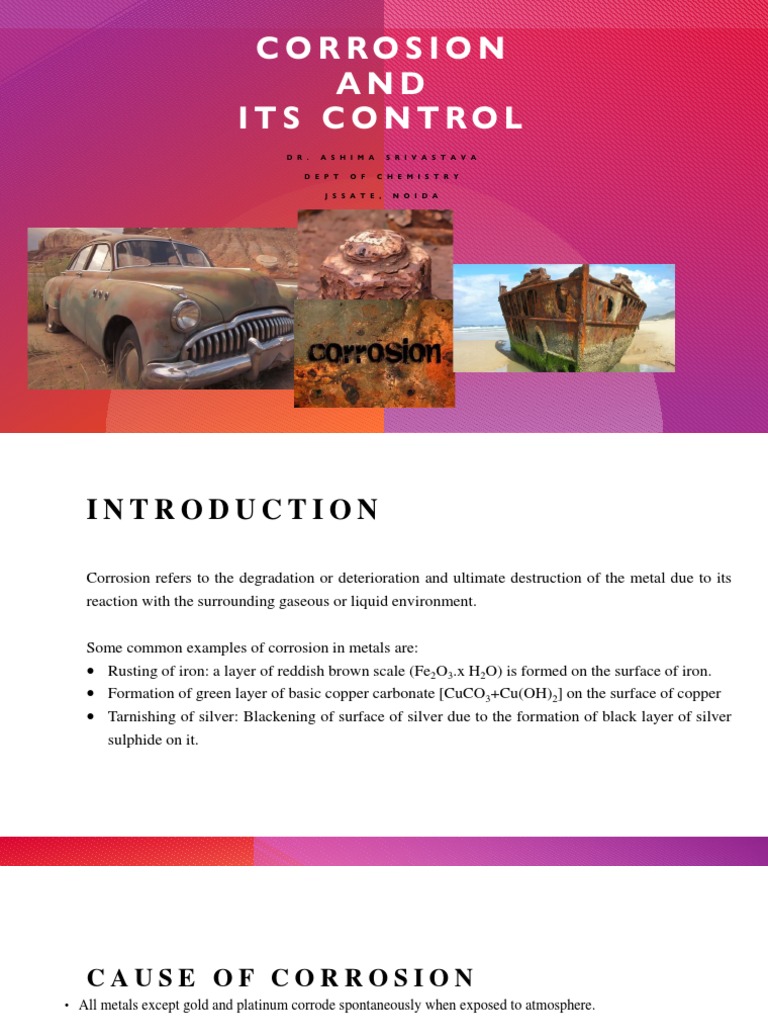 Corrosion AND Its Control: Dr. Ashima Srivastava Dept of Chemistry ...