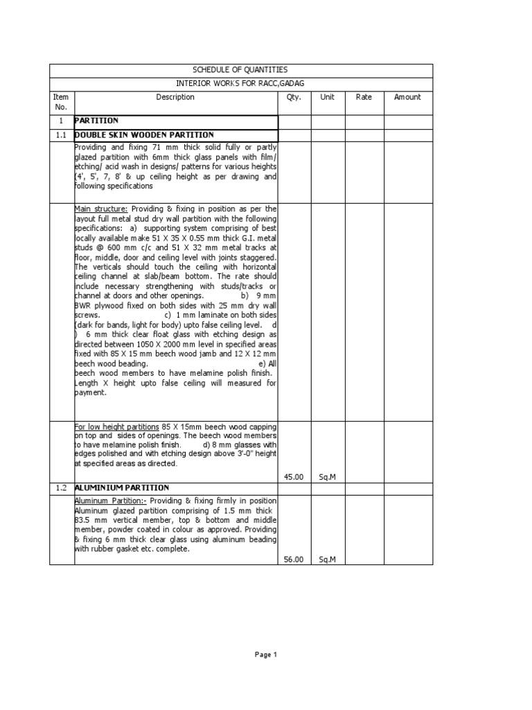 Schedule of Quantities For Interior Works | PDF | Door | Wall