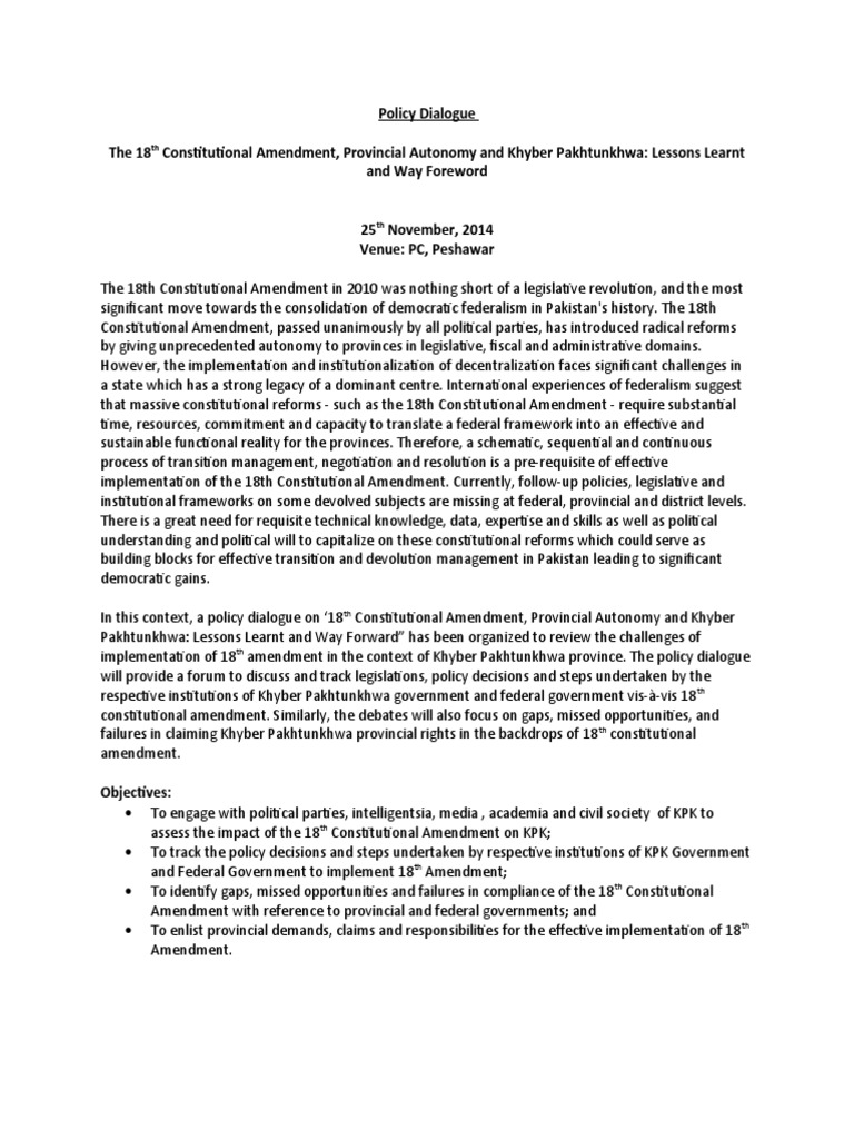 Policy Dialogue The 18 Constitutional Amendment, Provincial Autonomy ...