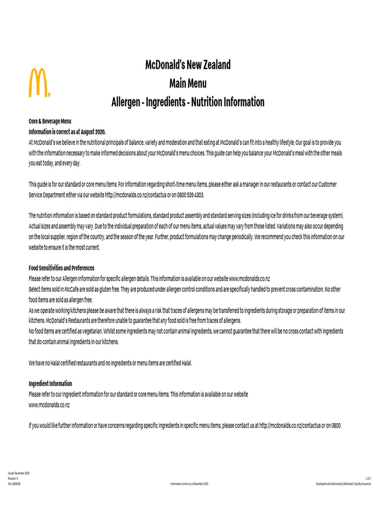 Desserts Menu - Allergen, Ingredient and Nutrition Information | PDF ...