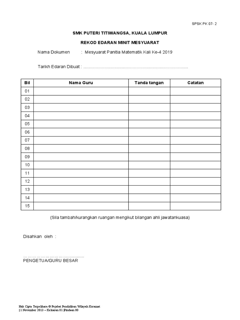 (B) Borang PK 07-2-Rekod Edaran Minit Mesy PPWK | PDF