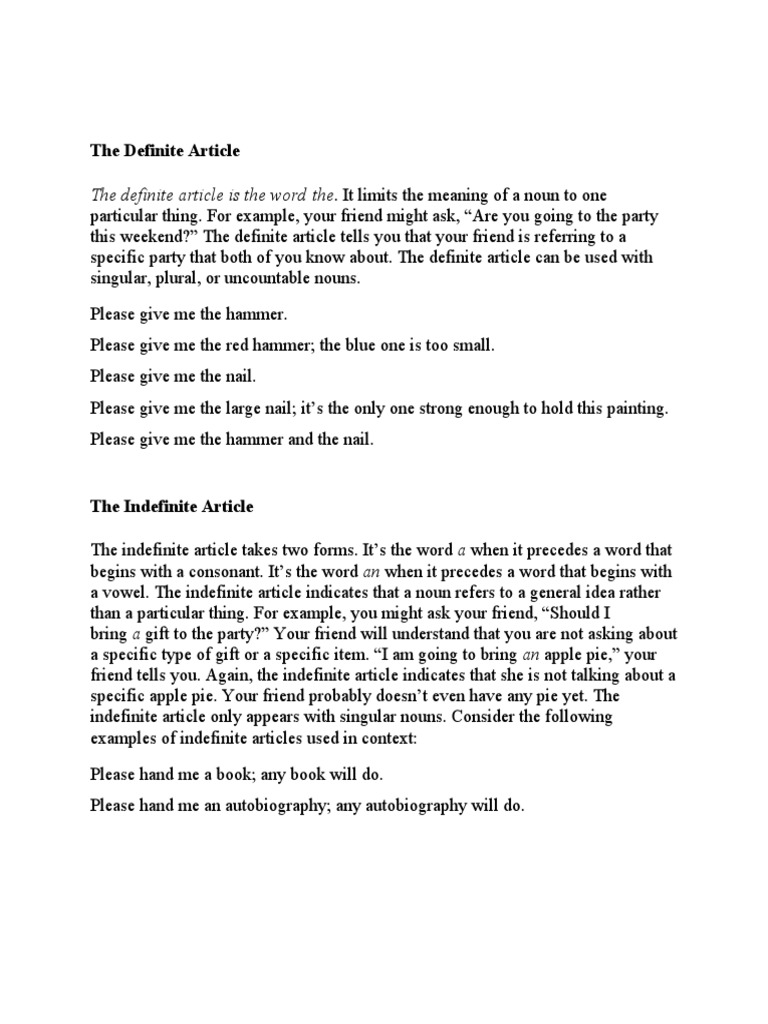 The Definite Article: The Definite Article Is The Word The. It Limits ...