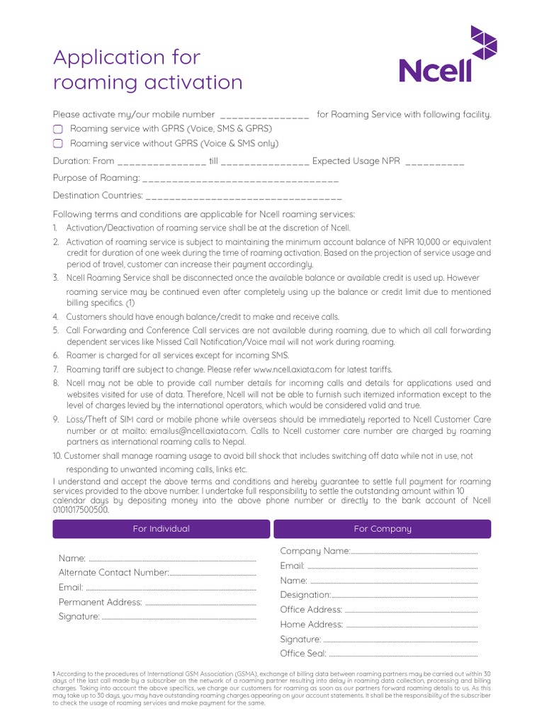 Roaming Activation Form | PDF | Roaming | Mobile Telecommunications