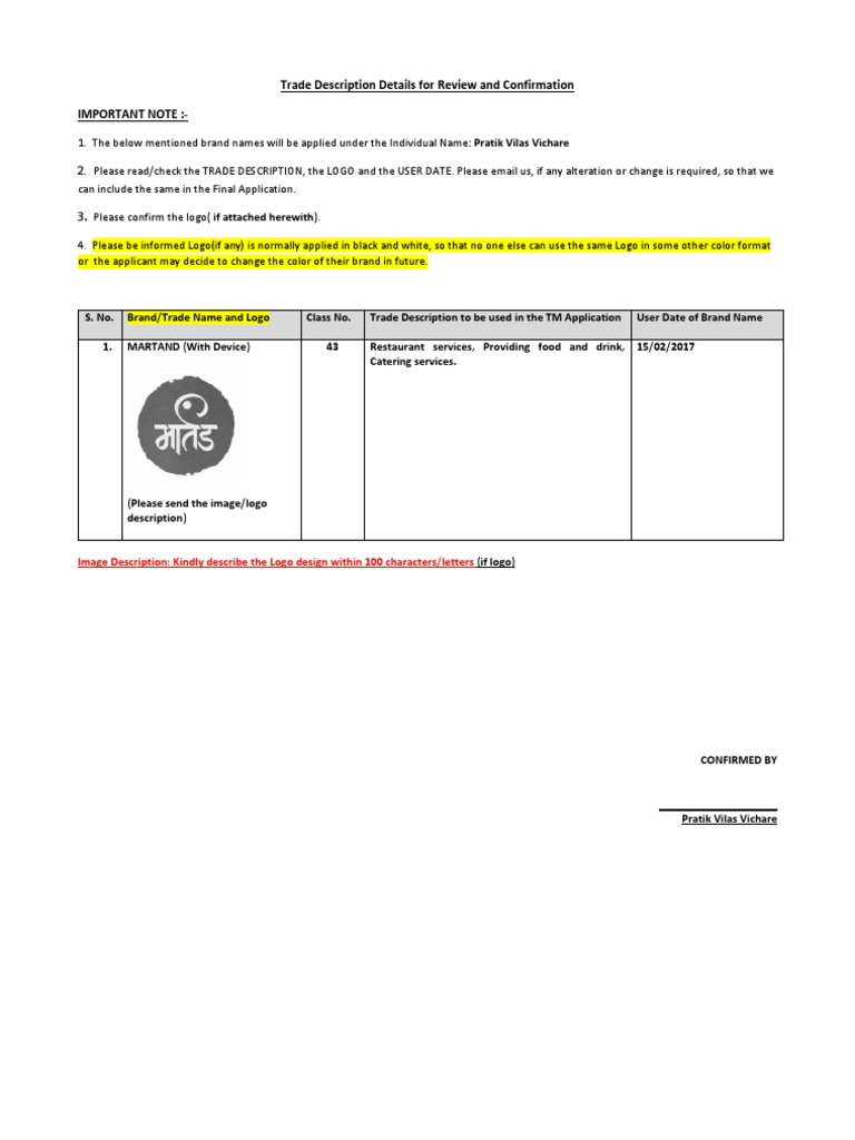 1) Trade Description Details Individual | PDF | Business