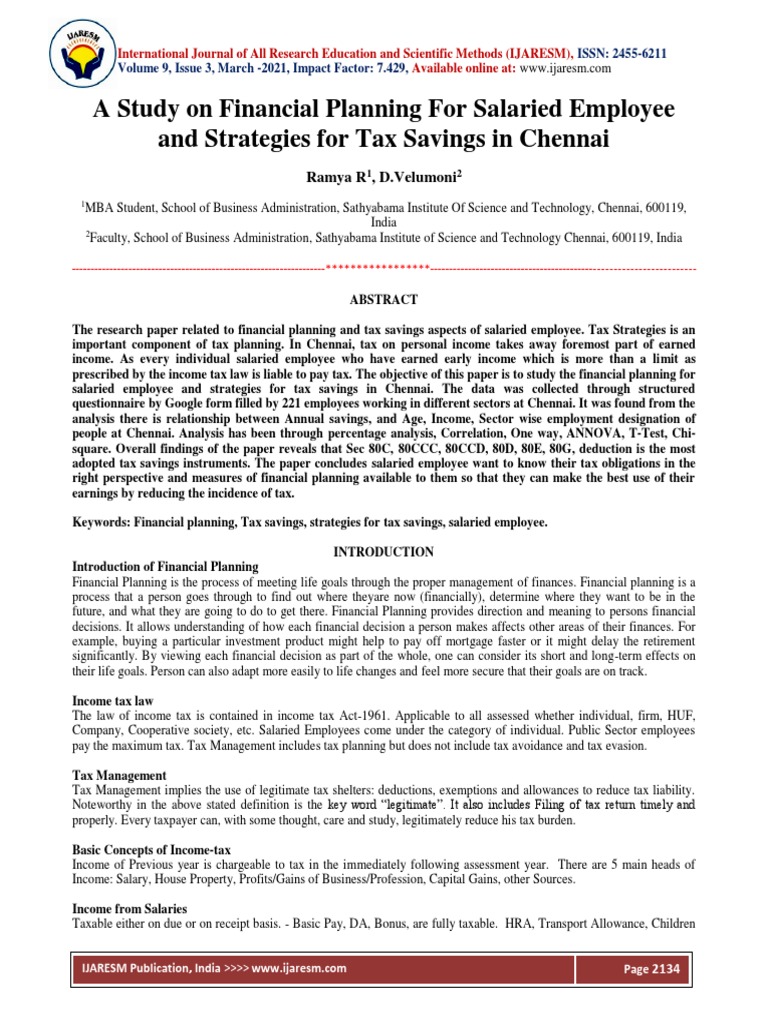 A Study on Financial Planning Strategies and Tax Savings for Salaried Employees in Chennai | PDF ...