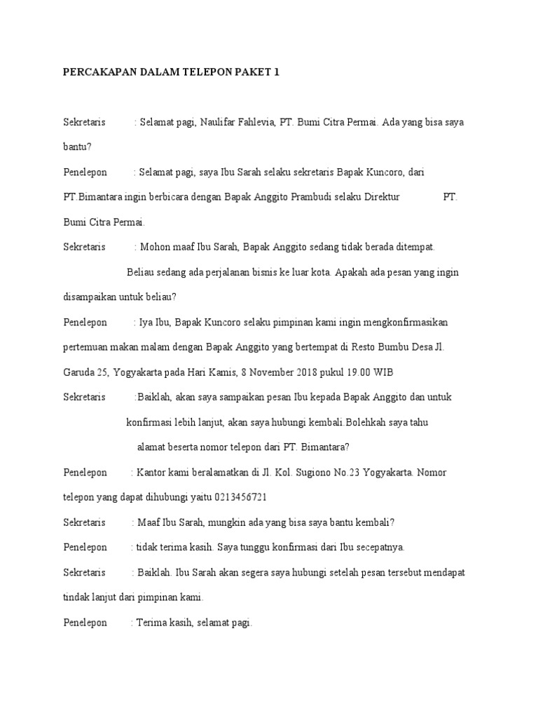 Contoh Percakapan Telepon Kantor | PDF | Memasak, Makanan, & Anggur