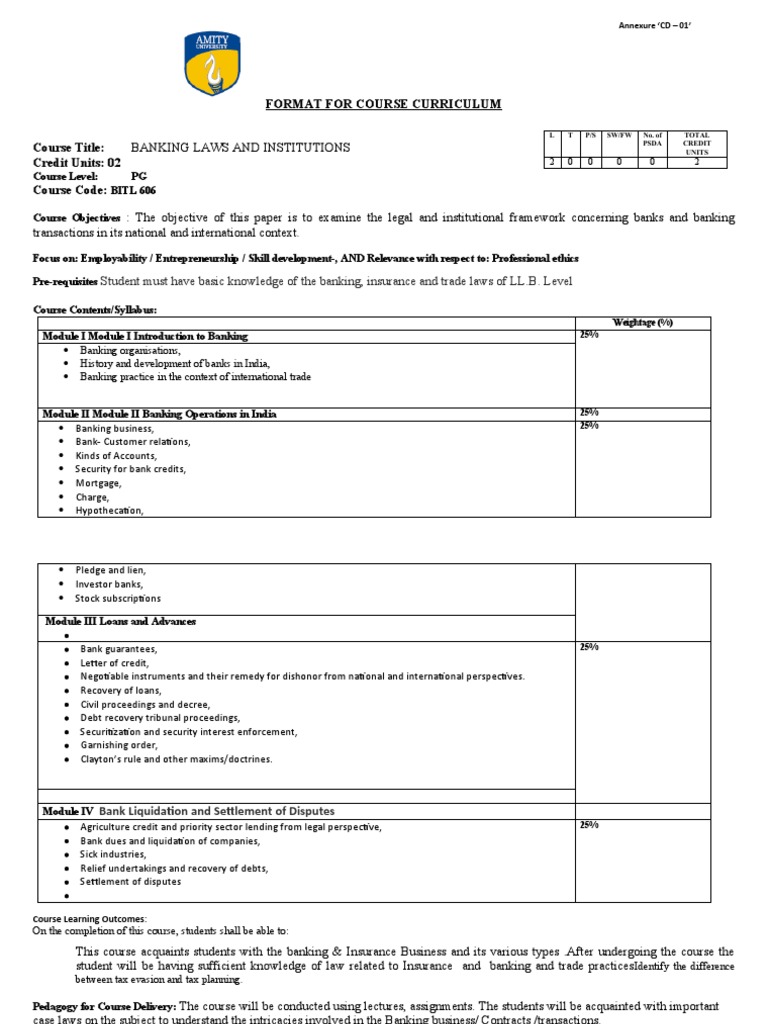 Format For Course Curriculum: Banking Laws and Institutions | PDF ...