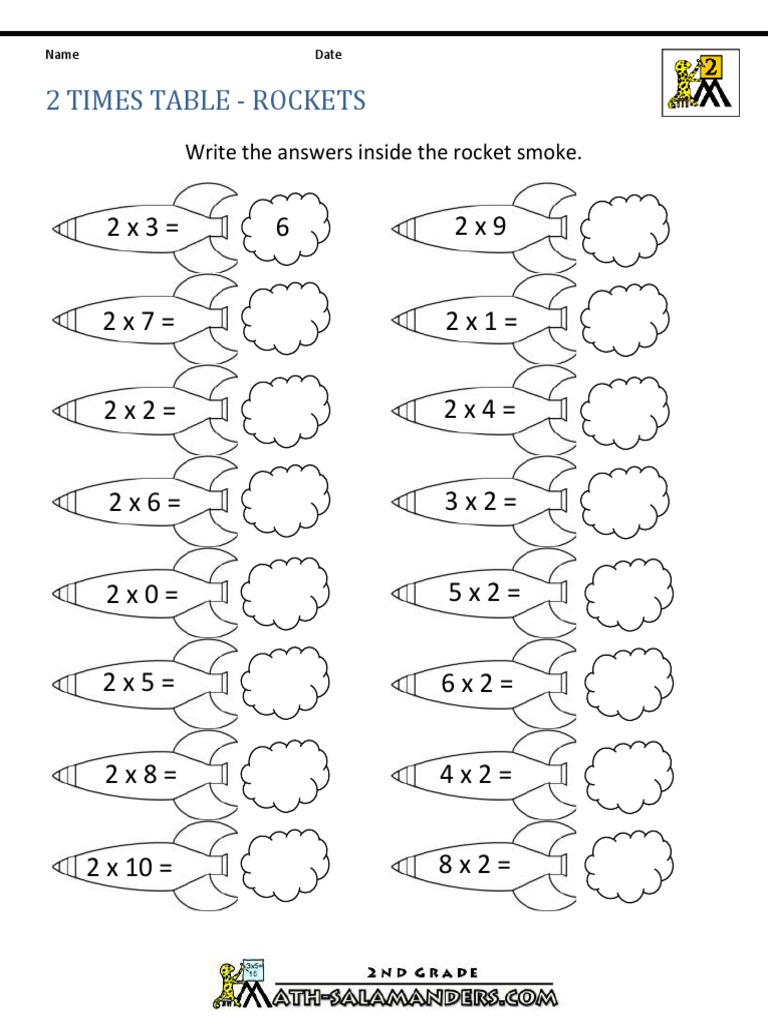 2 Times Table - Rockets: Write The Answers Inside The Rocket Smoke | PDF