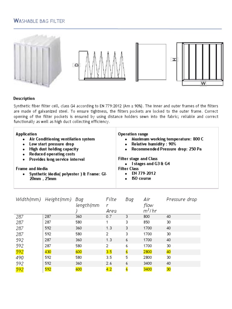 Washable G4 Bag Filter Specifications | PDF | Tools | Manufactured Goods