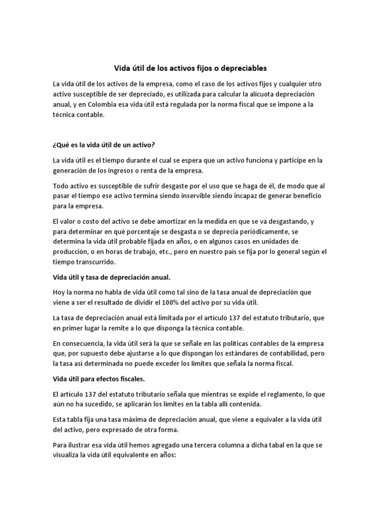 Vida Útil de Los Activos Fijos o Depreciables | PDF | Activo fijo ...