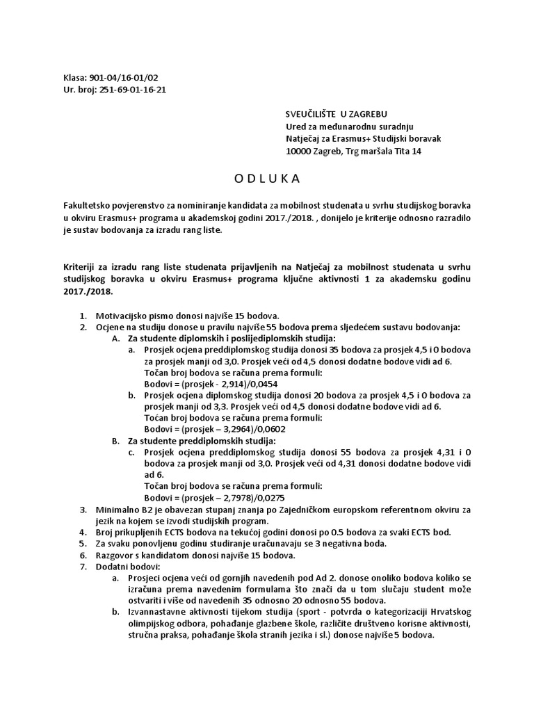 Kriteriji Za Odabir Kandidata Erasmus+ Program U Svrhu Studijskog ...