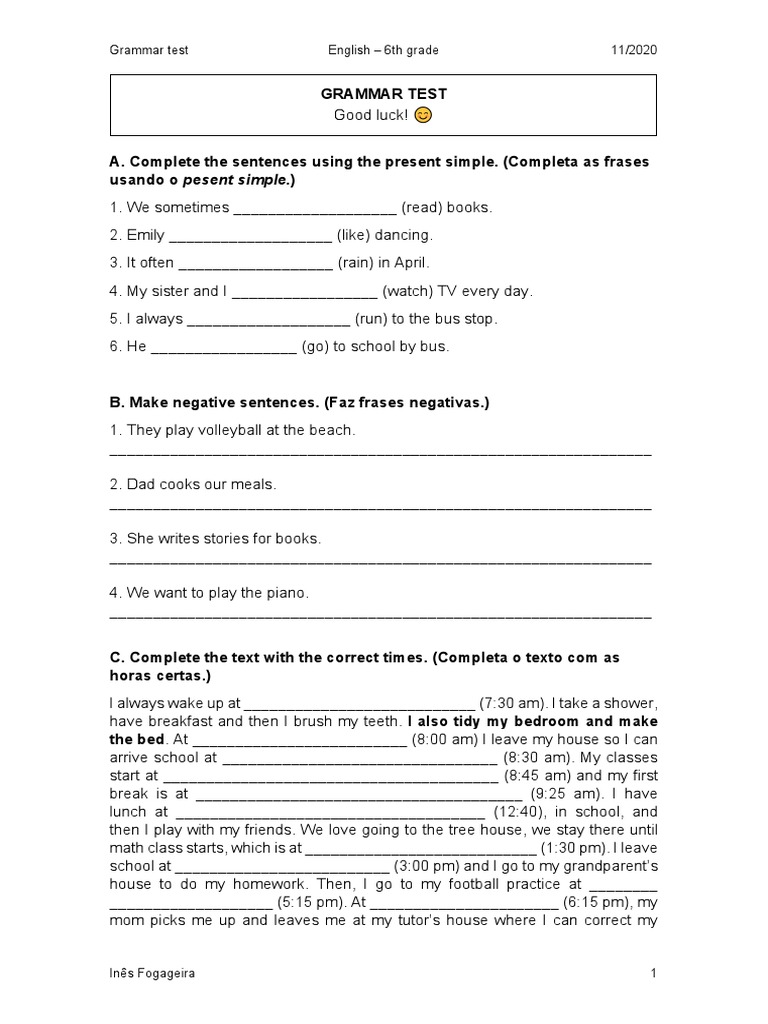 GRAMMAR TEST (6th Grade) | PDF