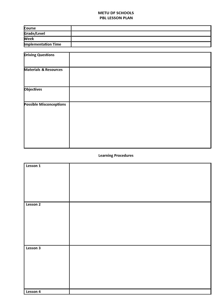 Metu DF Schools PBL Lesson Plan: Course Grade/Level Week Implementation ...