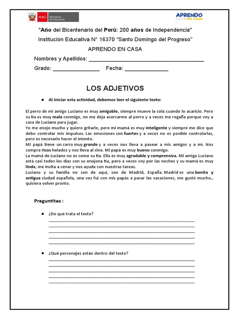 Actividades de Adjetivos para Niños | PDF | Adjetivo | Corazón