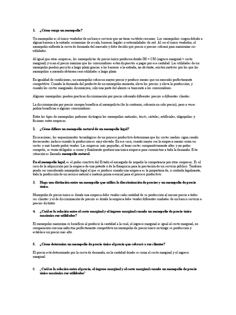 Cuestionario Examen Final Microeconomia | PDF | Monopolio | Excedente económico