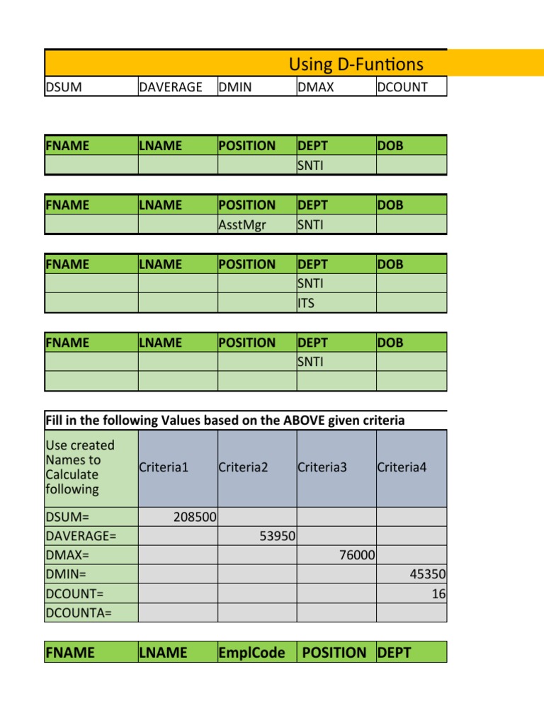 Using D-Funtions: Dsum Daverage Dmin Dmax Dcount | PDF