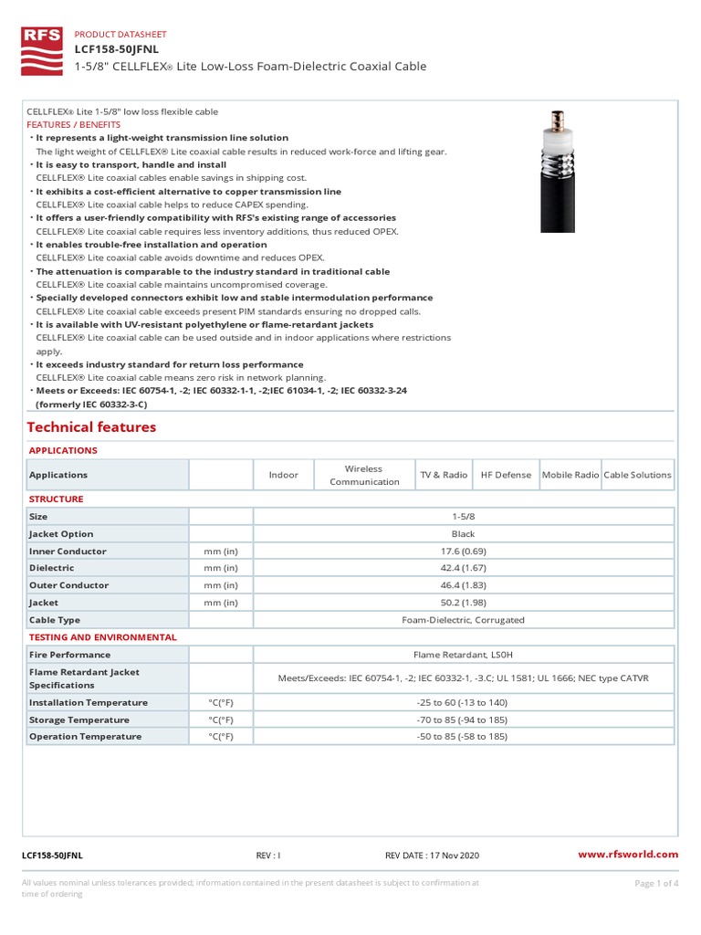 1-5/8" CELLFLEX Lite Low-Loss Foam-Dielectric Coaxial Cable: LCF158 ...