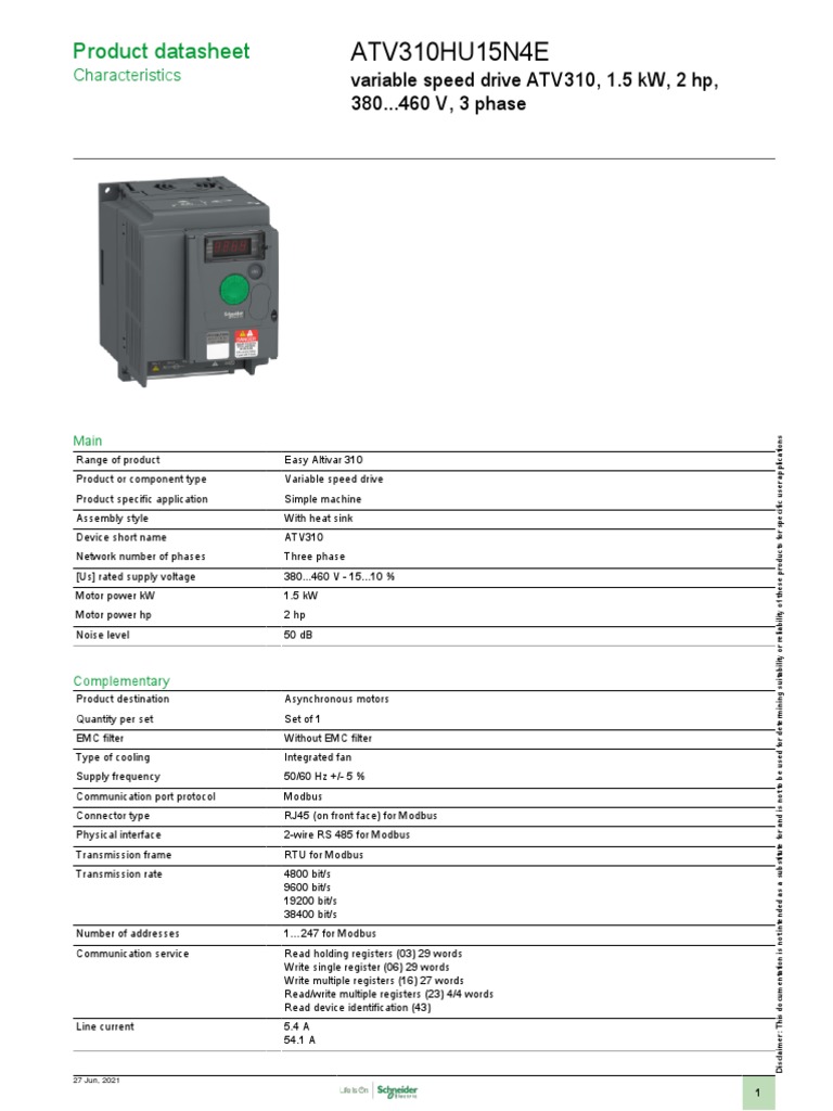 ATV310 Variable Speed Drive Datasheet | PDF | Electric Motor ...