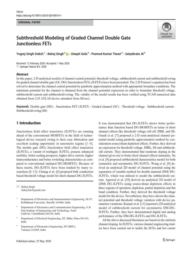 Subthreshold Modeling of Graded Channel Double Gate Junctionless Fets | PDF | Field Effect ...