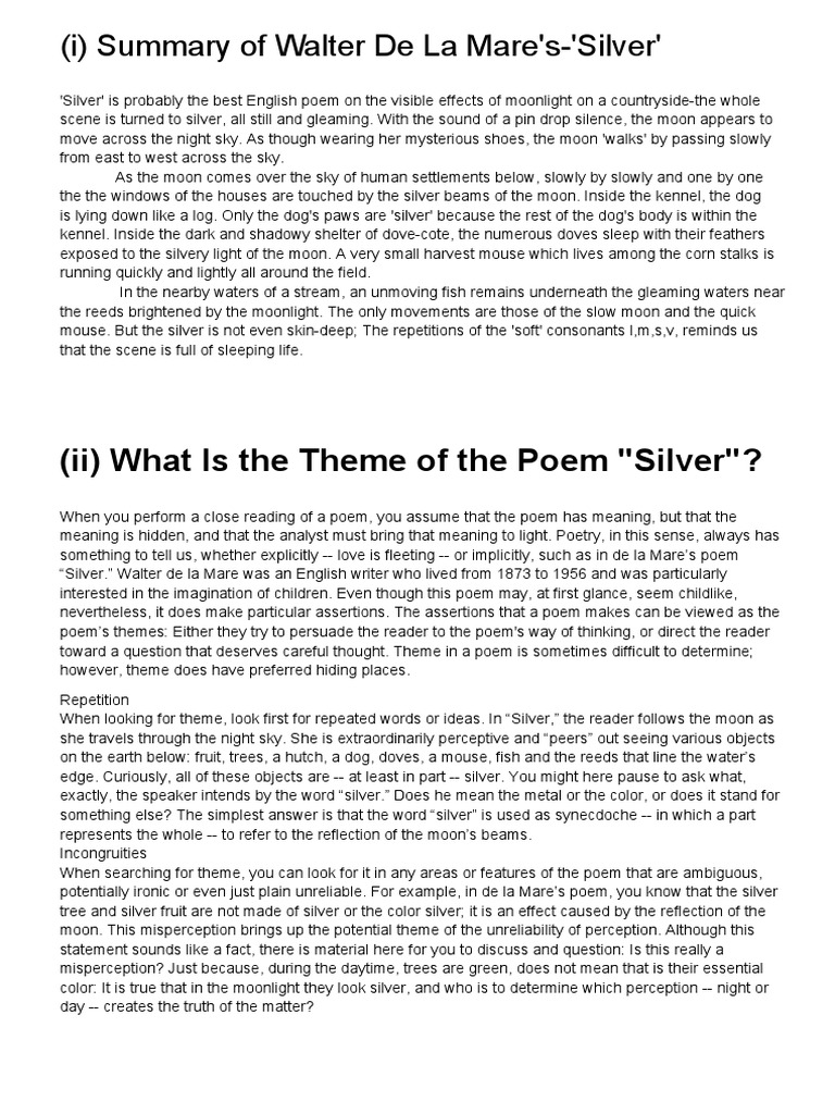 (Ii) What Is The Theme of The Poem "Silver"?: (I) Summary of Walter de ...
