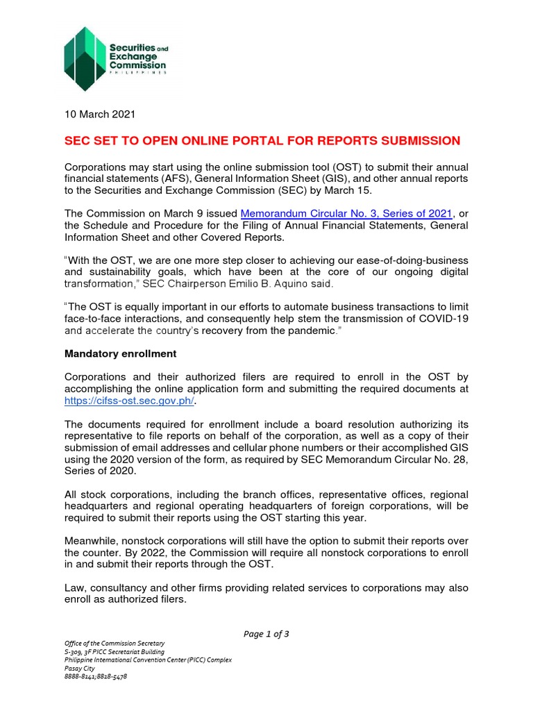 Sec Set To Open Online Portal For Reports Submission: Memorandum ...