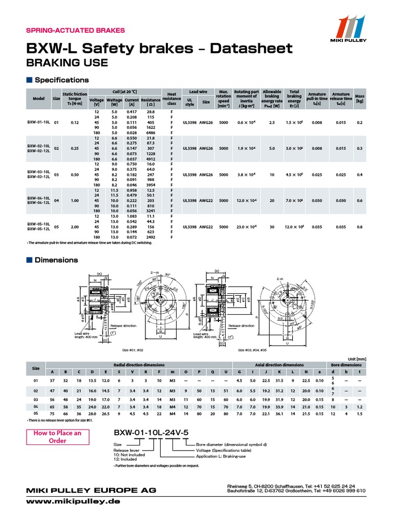 BXW-L Safety Brakes - Datasheet: Braking Use | PDF | Torque | Brake