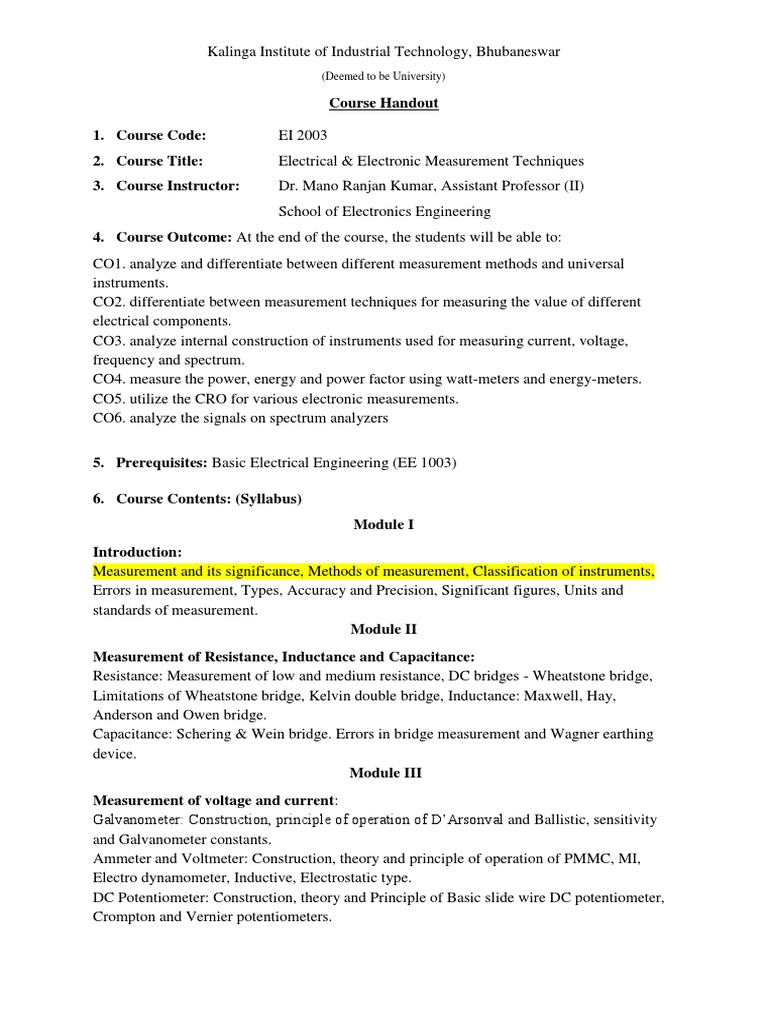 Course Handout E&EMT | PDF | Physical Quantities | Measuring Instrument