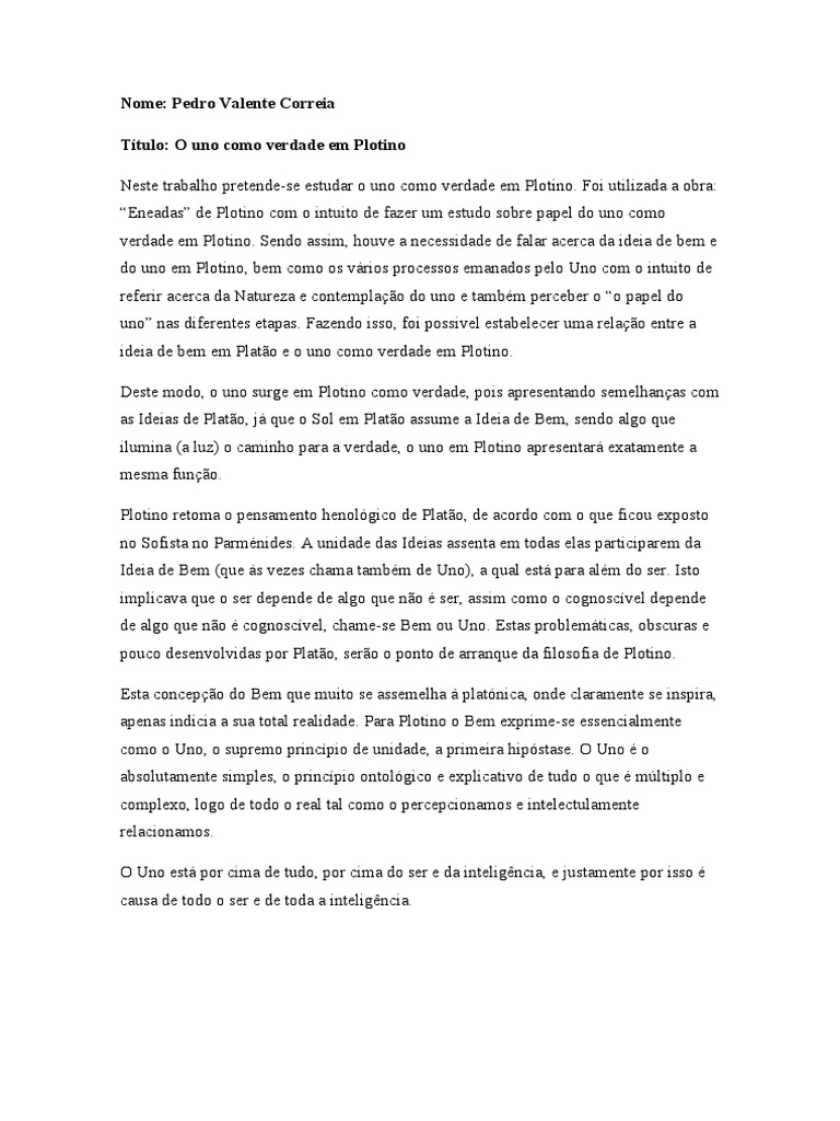 O Uno Como Verdade em Plotino | PDF | Platão | Metafísica