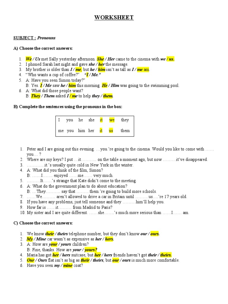 Worksheet: SUBJECT: Pronouns A) Choose The Correct Answers | PDF | Art