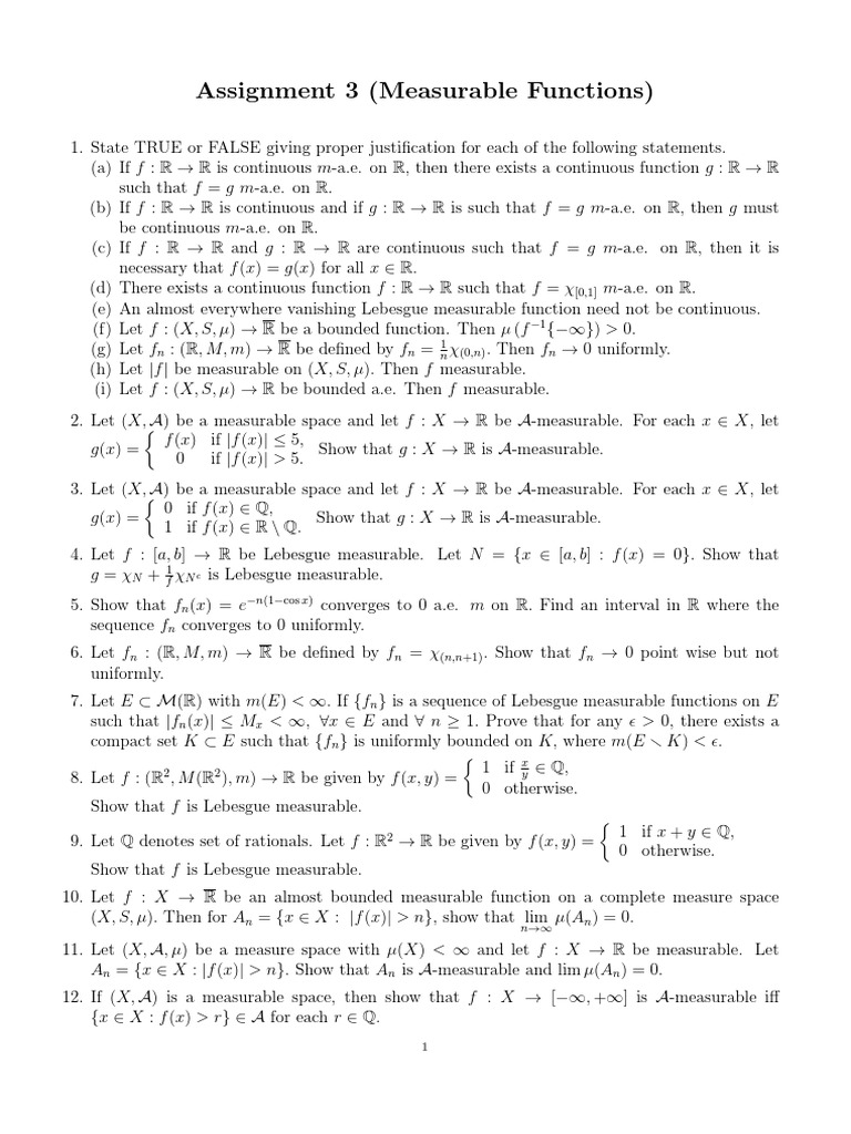 Assignment 3 (Measurable Functions) | PDF | Lebesgue Integration | Measure (Mathematics)