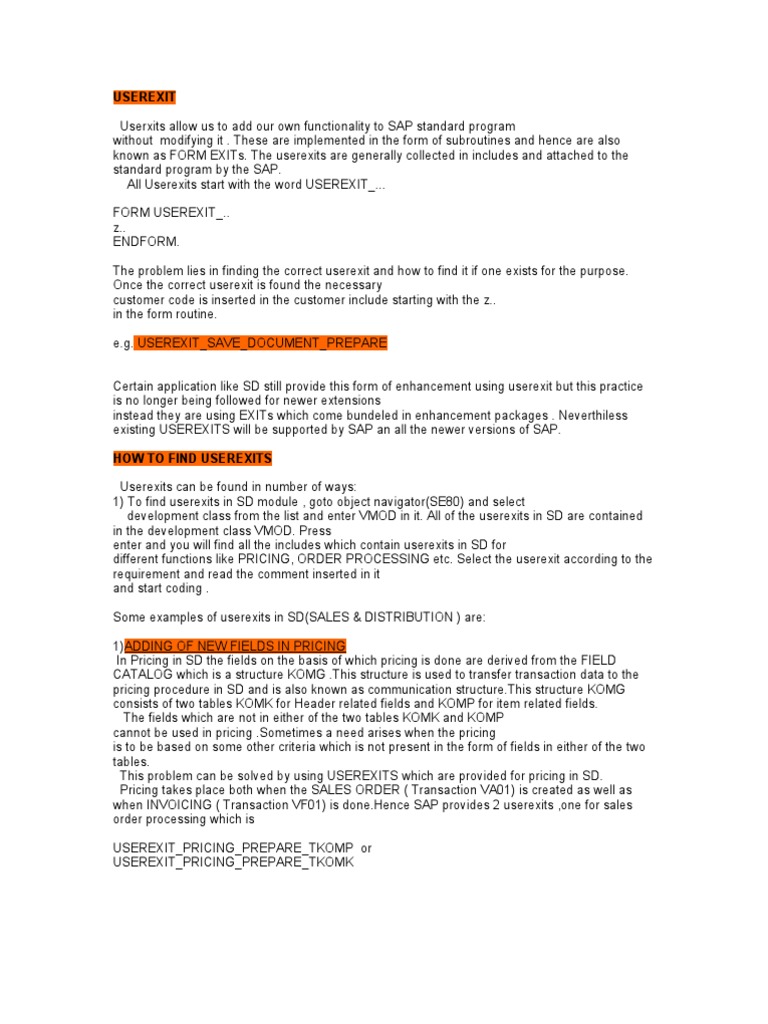 Userexit Userxits Allow Us To Add Our Own Functionality To SAP Standard Program | PDF ...
