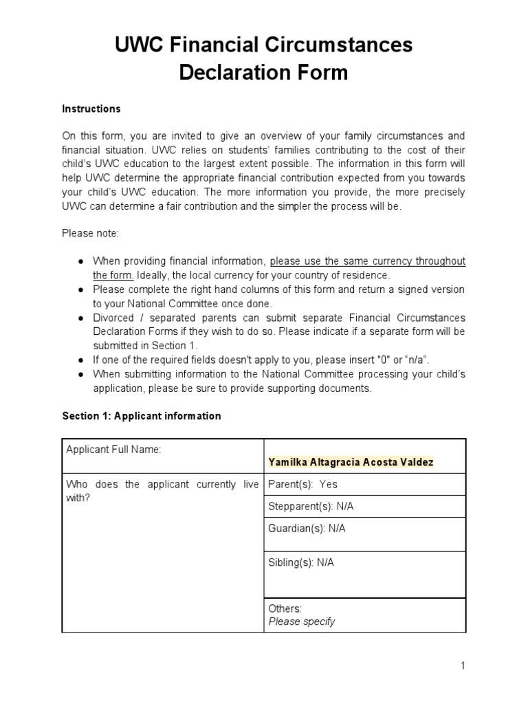 UWC Financial Circumstances Declaration Form: Instructions | PDF ...