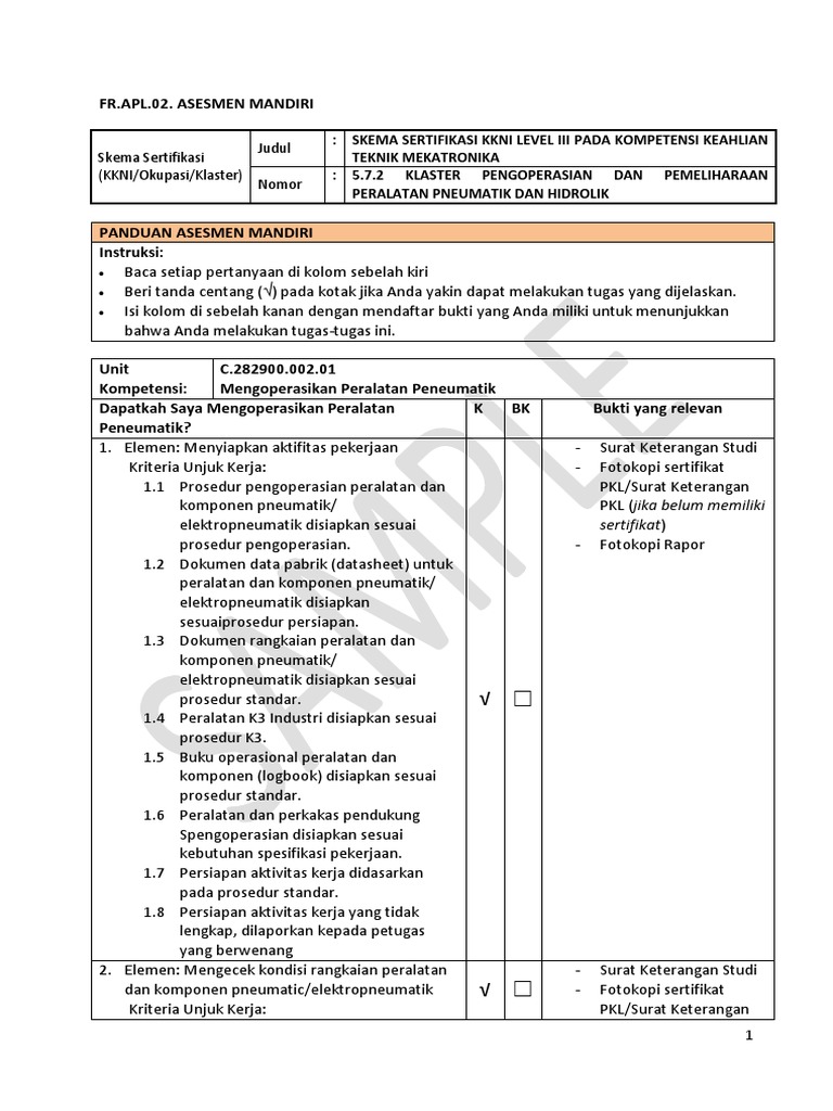 Contoh Pengisian - FR - Apl.02 Asesmen Mandiri | PDF