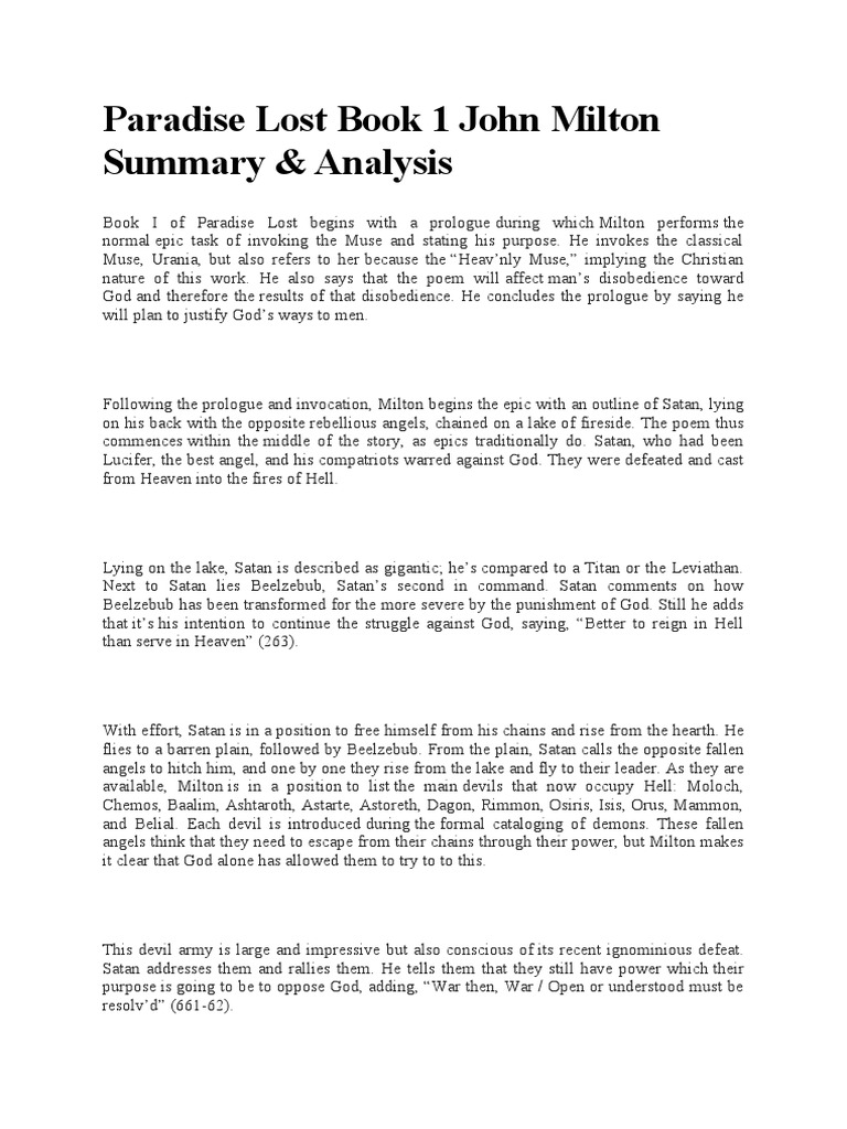 Paradise Lost Book 1 John Milton Summary | PDF | Paradise Lost | Satan