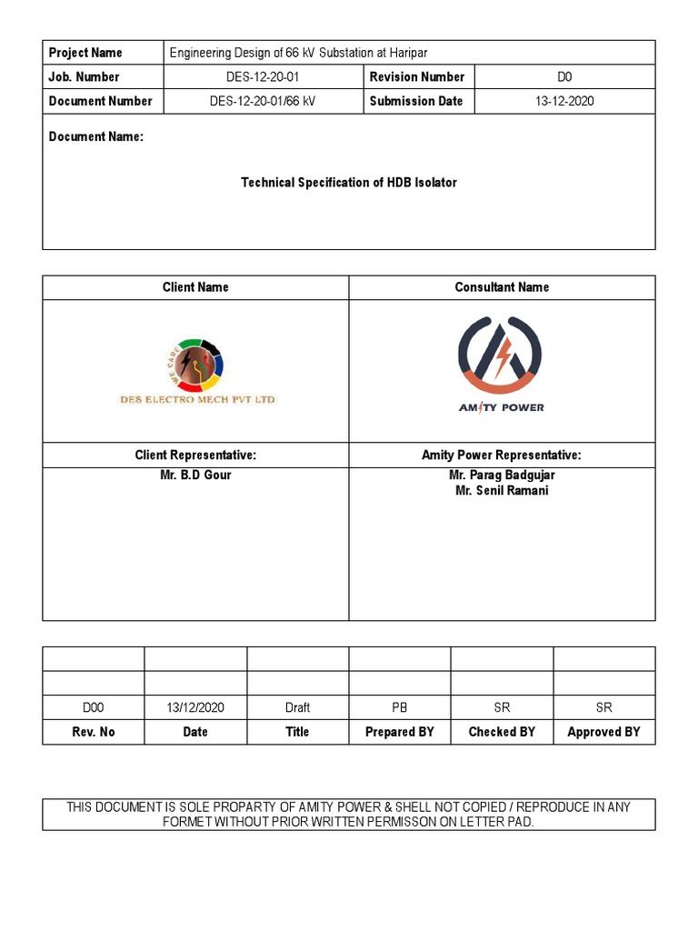 DES-12!20!0166 KV - Technical Specification of HDB Isolator With Earth ...