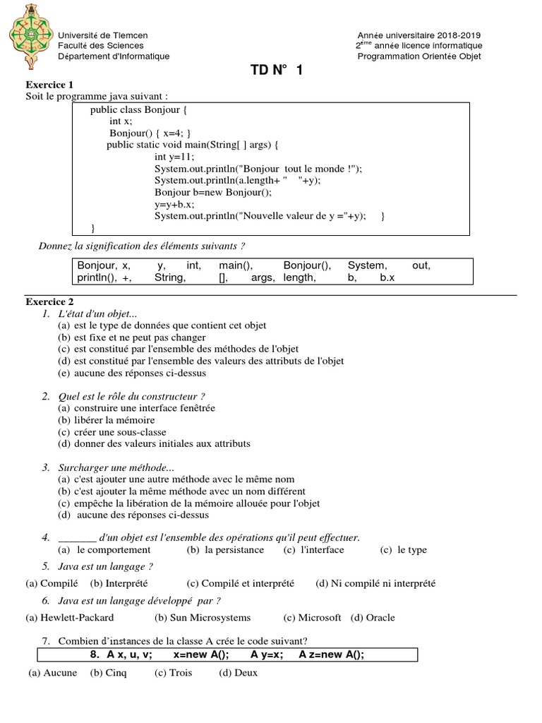 Corrigé TD 01 Module POO Univ Tlemcen Promo 2018-2019 | PDF | Java (Langage de programmation ...