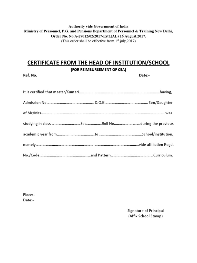 Certificate From The Head of Institution/School: (For Reimbursement of Cea) Ref. No. Date | PDF