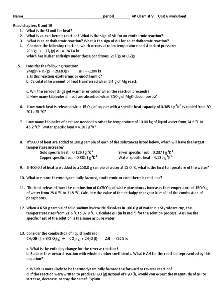 Thermochemistry and Equilibrium Concepts: An AP Chemistry Unit 6 ...