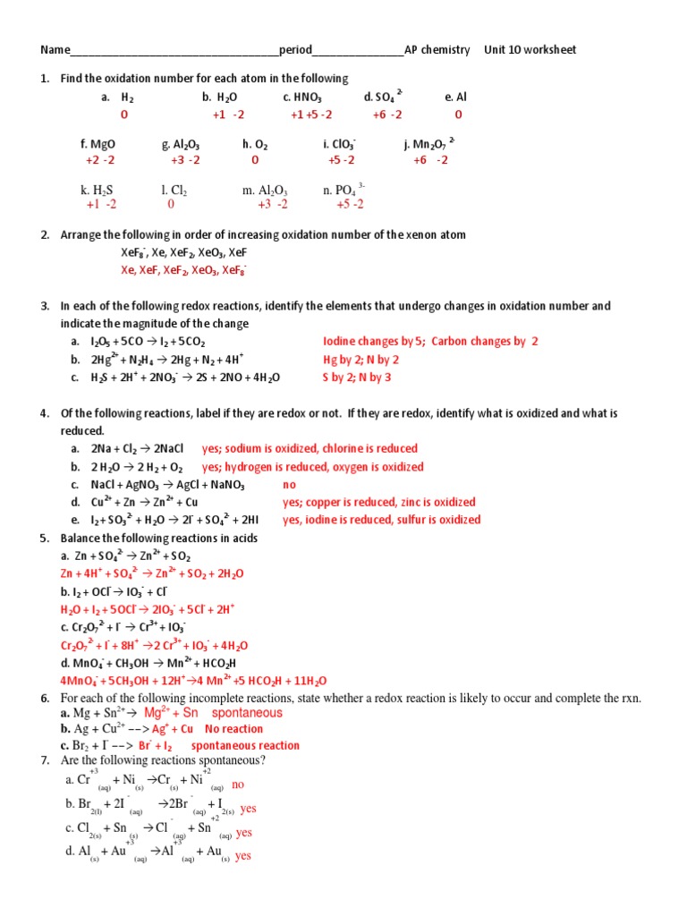 AP Chemistry Unit 10 Redox Reactions Worksheet | PDF | Anode | Redox