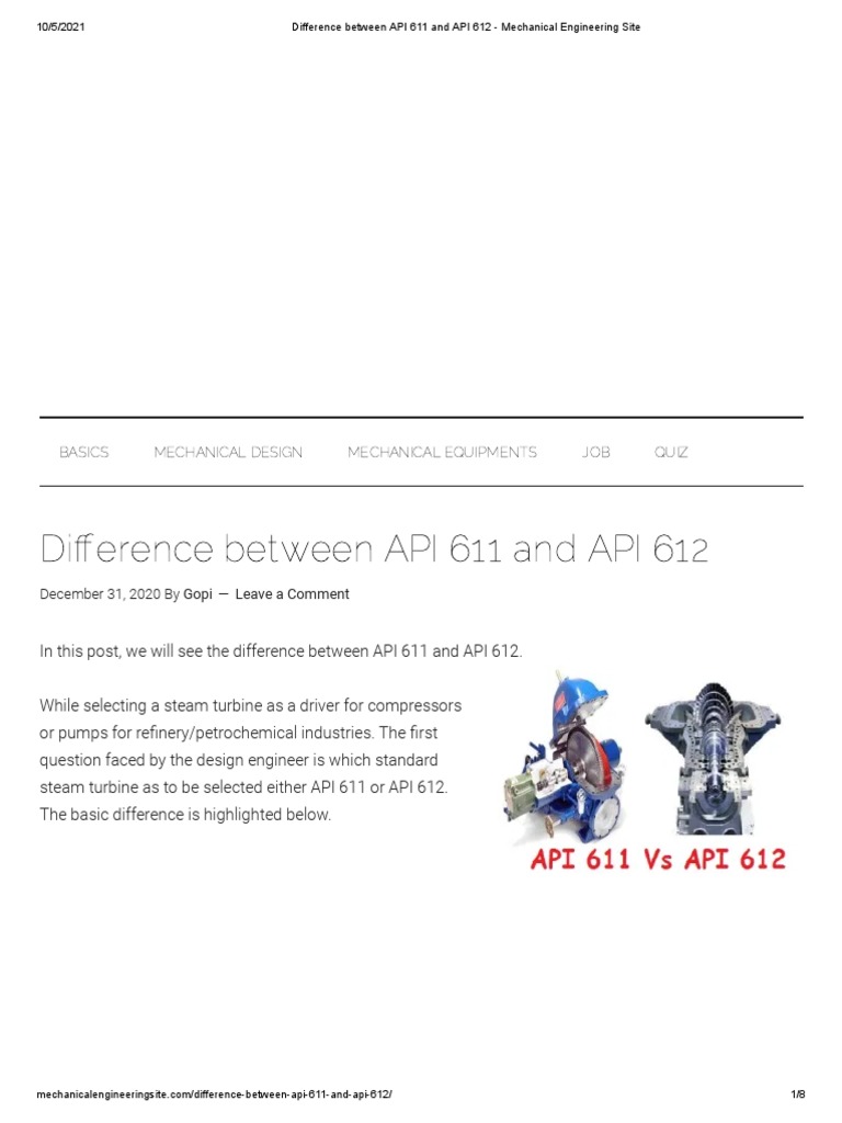 Difference Between Api 611 And Api 612 Mechanical Engineering Site Pdf