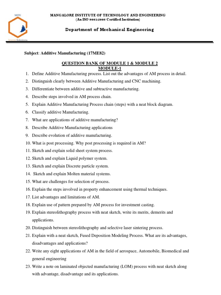 Module 1 AND MODULE 2 Question Bank - ADDITIVE MANUFACTURING (AM) | PDF ...