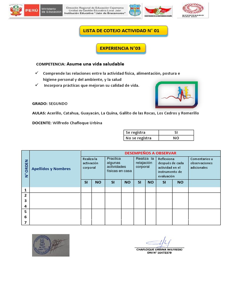 Lista de Cotejo 1 Act Chafloque | PDF | Salud y bienestar