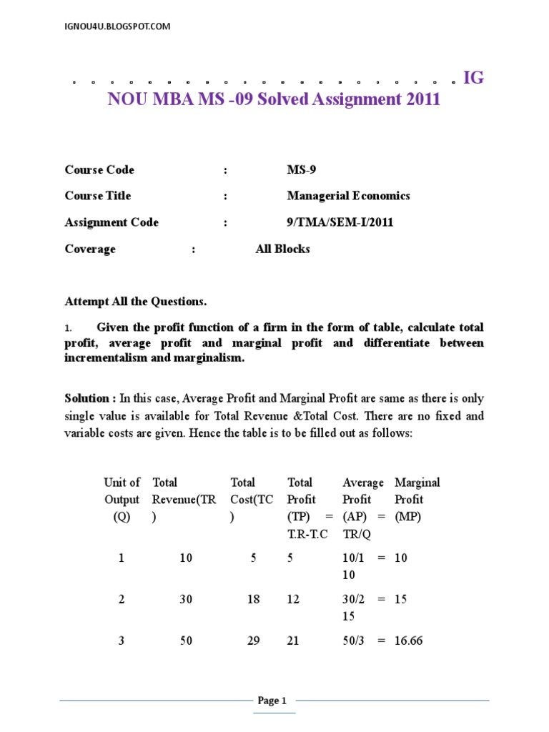 Ignou Mba Ms 09 Solved Assignments 2011 Pdf Price Elasticity Of