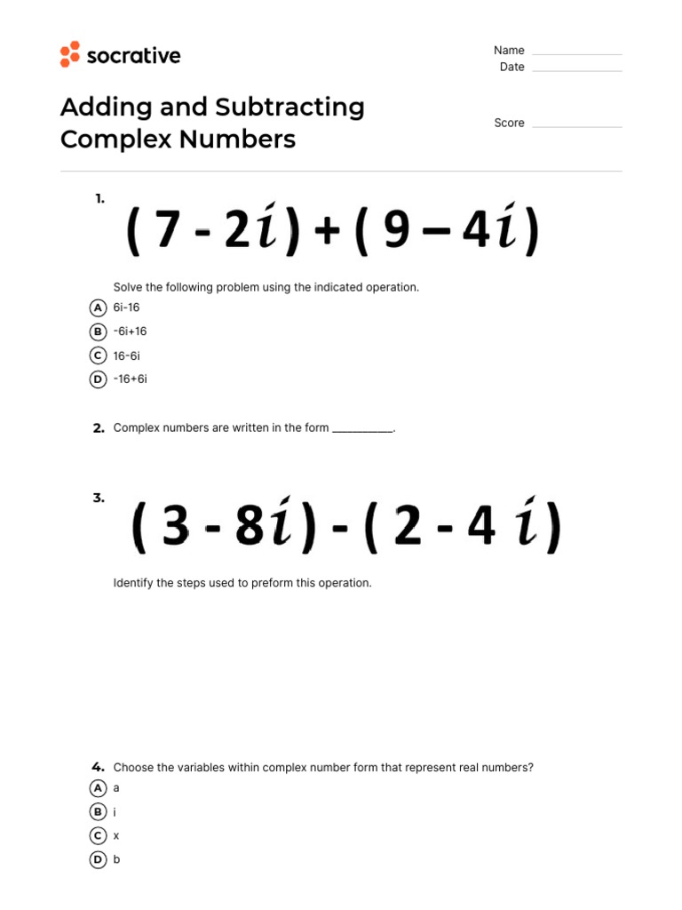 Quiz Adding and Subtracting Complex Numbers | PDF