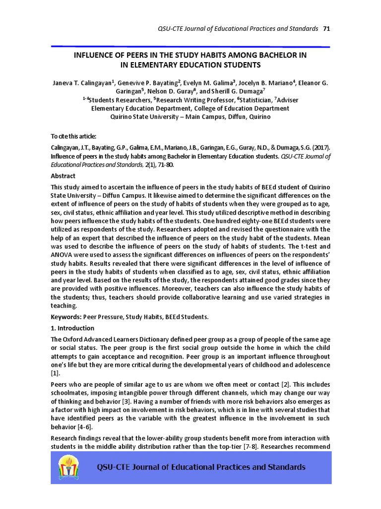 Influence of Peers in The Study Habits Among Bachelor in in Elementary ...