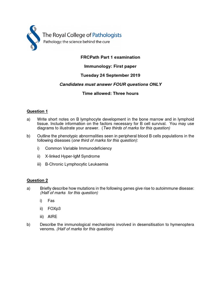 FRCPath Part 1 Immunology Exam Papers | PDF | T Helper Cell | Immune System
