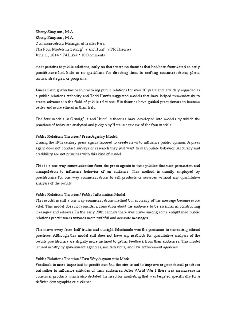 An Overview Of Grunigs Four Models Of Public Relations Press Agentry