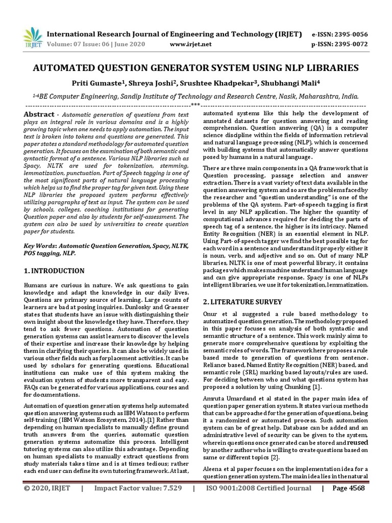 Automated Question Generator System Using NLP Libraries | PDF | Part Of ...